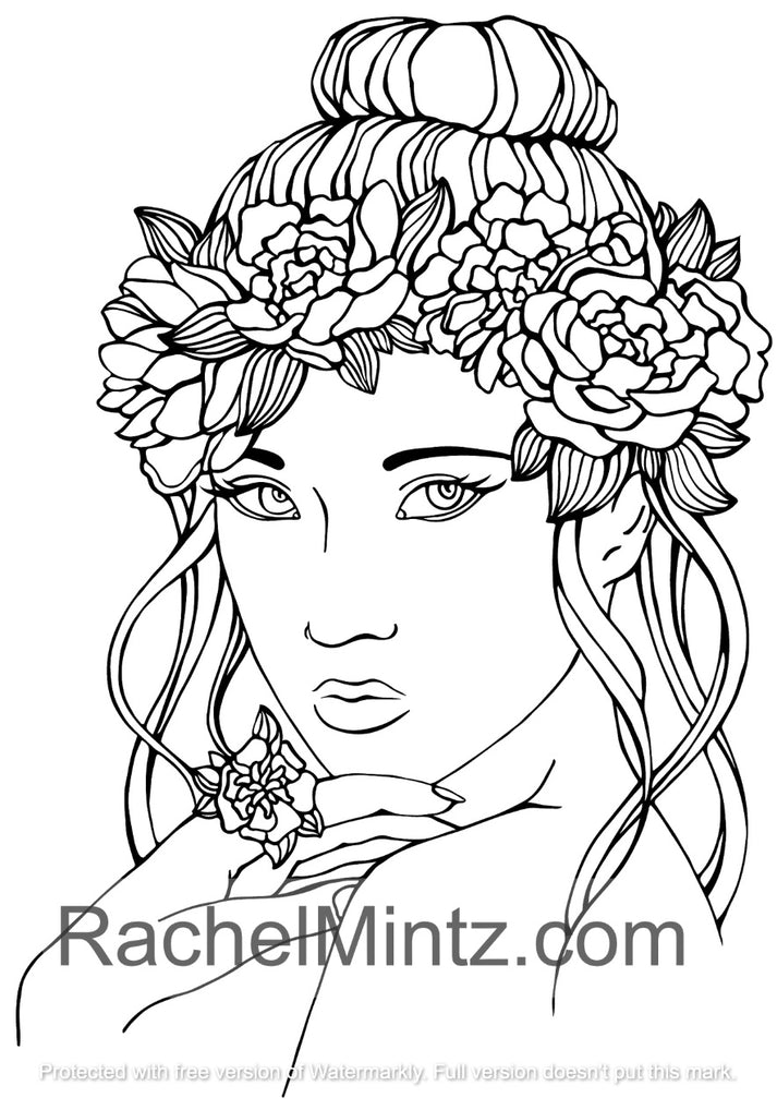 Beauty Garden - Girls Portraits & Flowers, PDF Coloring Book – Rachel ...