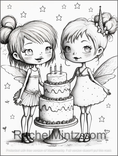 Cupcakes Fairies - Cute Adorable Girls & Sweet Desserts, Grayscale Art ...