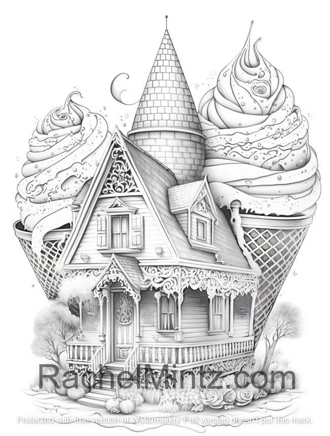 Icecream Houses - Grayscale Coloring Book, 40 Cute Fantasy Houses Made ...