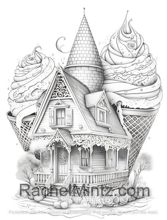 Icecream Houses - Grayscale Coloring Book, 40 Cute Fantasy Houses Made ...